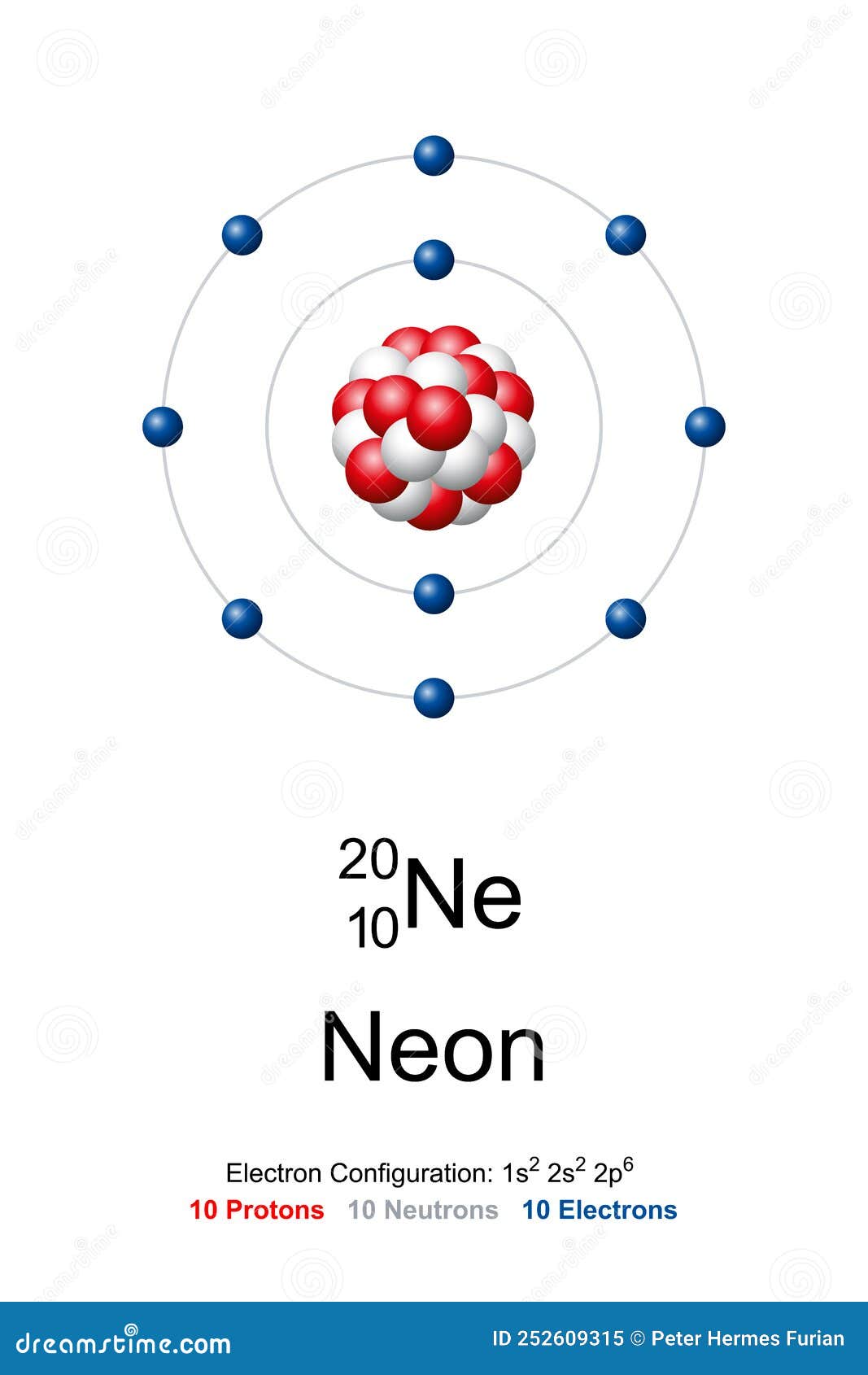 Neon, Atom Model of Neon-10 with 10 Protons, 10 Neutrons and 10 ...