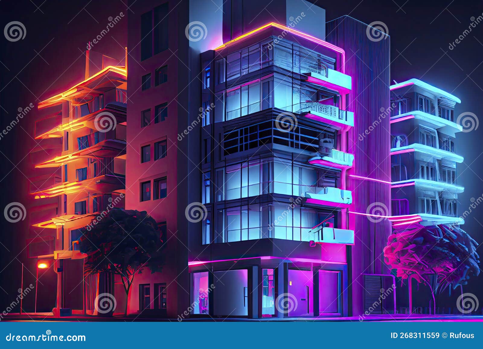 Neon Background. Building with Neon Illumination Stock Image - Image of ...