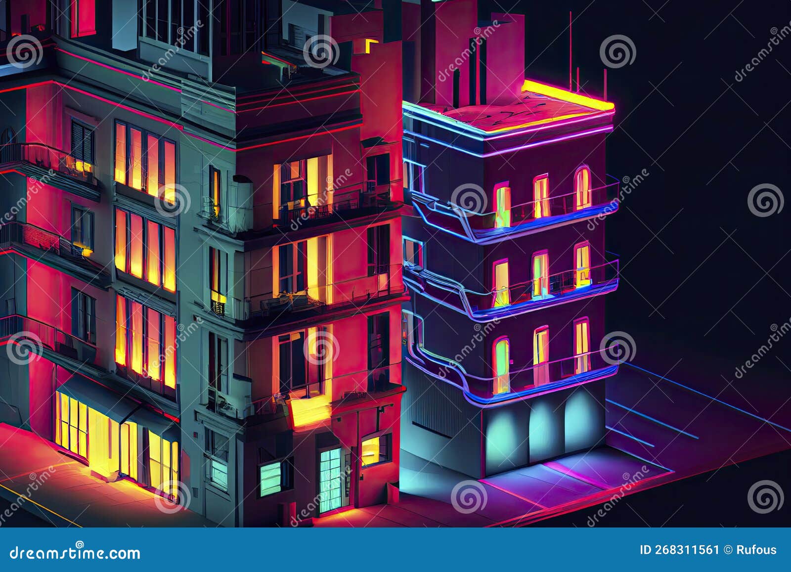 Neon Background. Building with Neon Illumination Stock Illustration ...