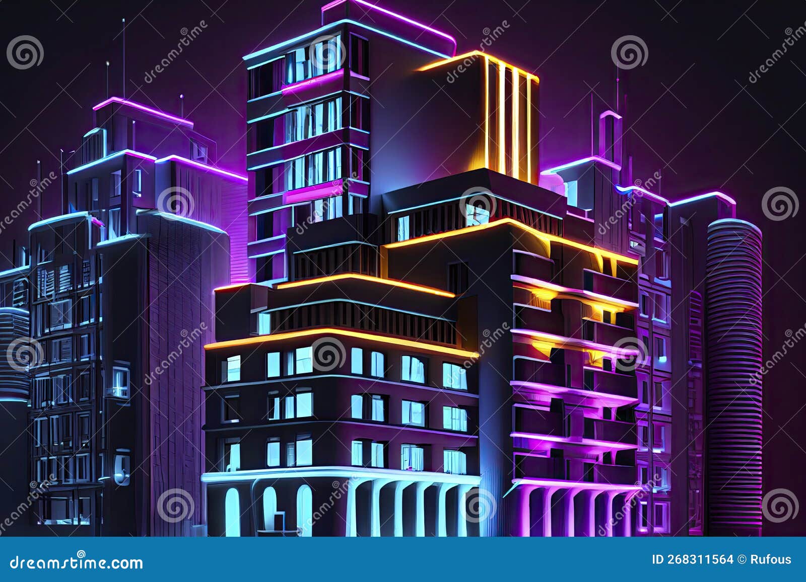 Neon Background. Building with Neon Illumination Stock Illustration ...