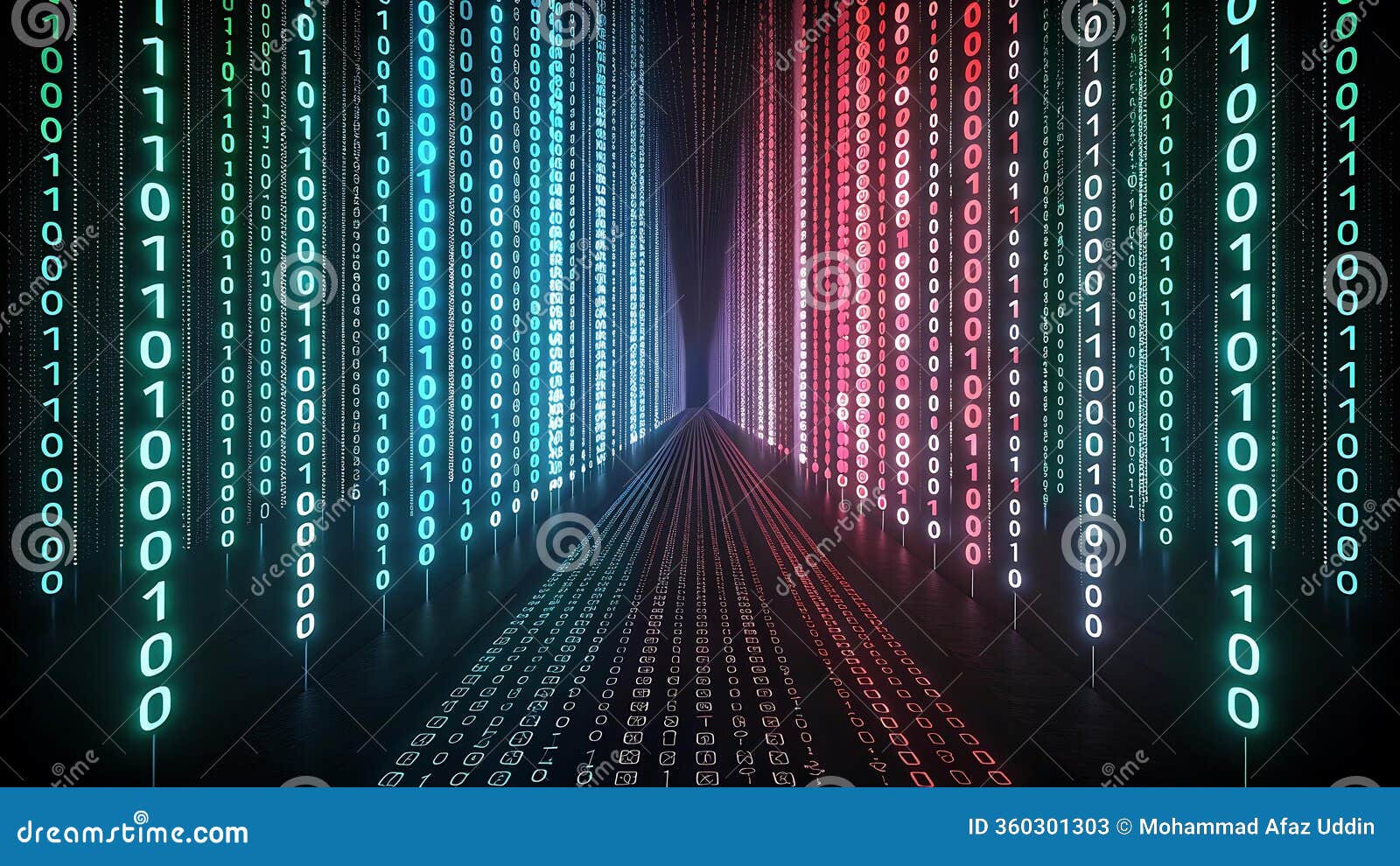 Neon Binary Code Digital Data Stream Tunnel of Lights Stock Illustration - Illustration of power ...