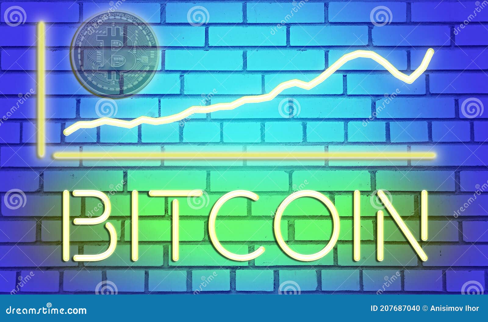 Neon Bitcoin Chart on a Blue Brick Background Stock Photo - Image of ...