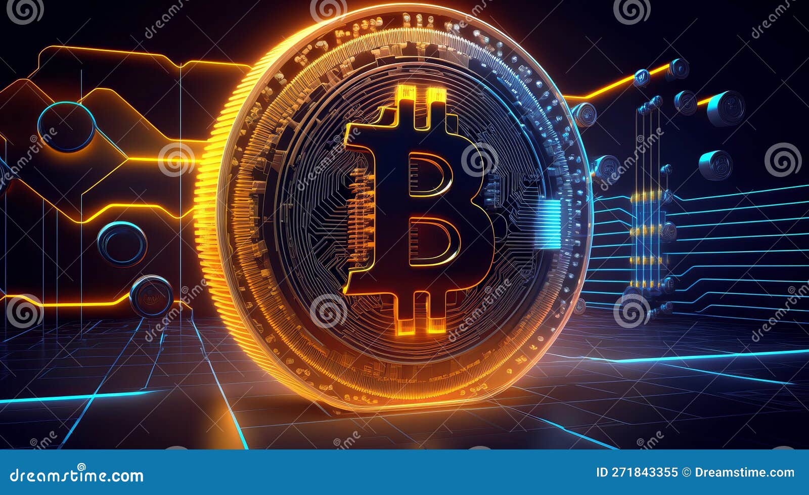 Neon Bitcoin on a Dark Blue Background. Abstract Image Stock ...