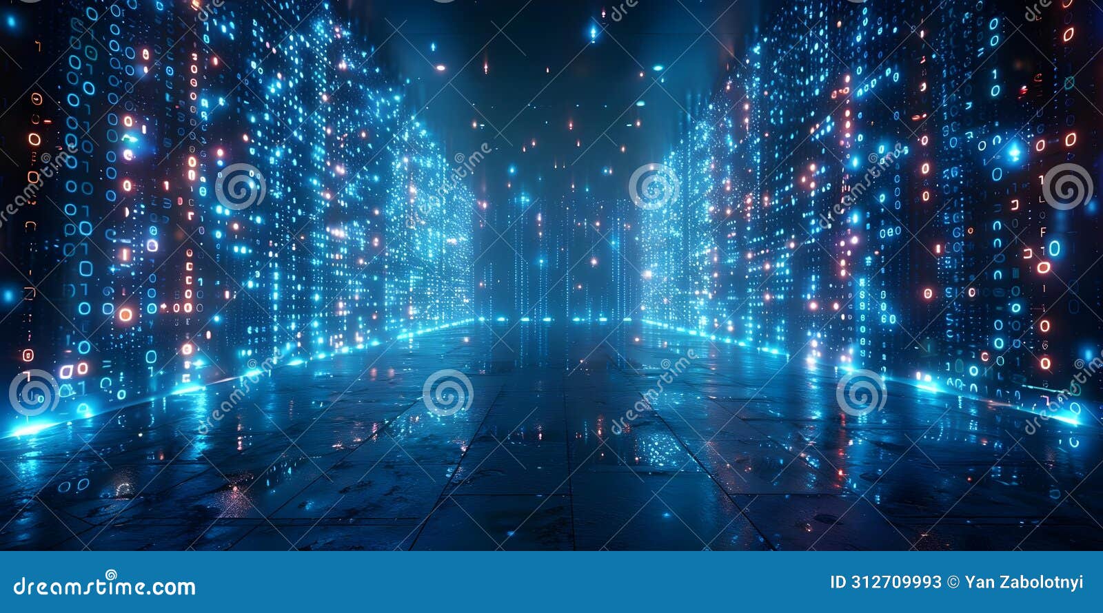 Neon Blue Binary Code Pattern on Digital Signboard Representing Computer Programming and Big ...