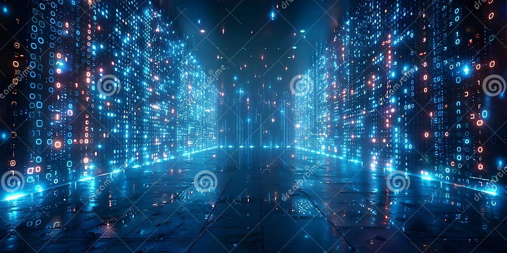 Neon Blue Binary Code Pattern on Digital Signboard Representing Computer Programming and Big ...