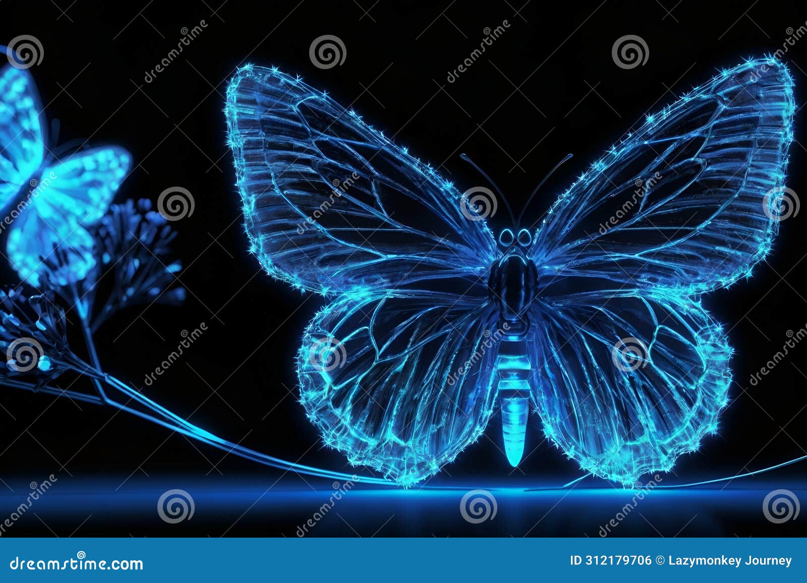 Neon Blue Butterfly on Black Background Stock Illustration ...