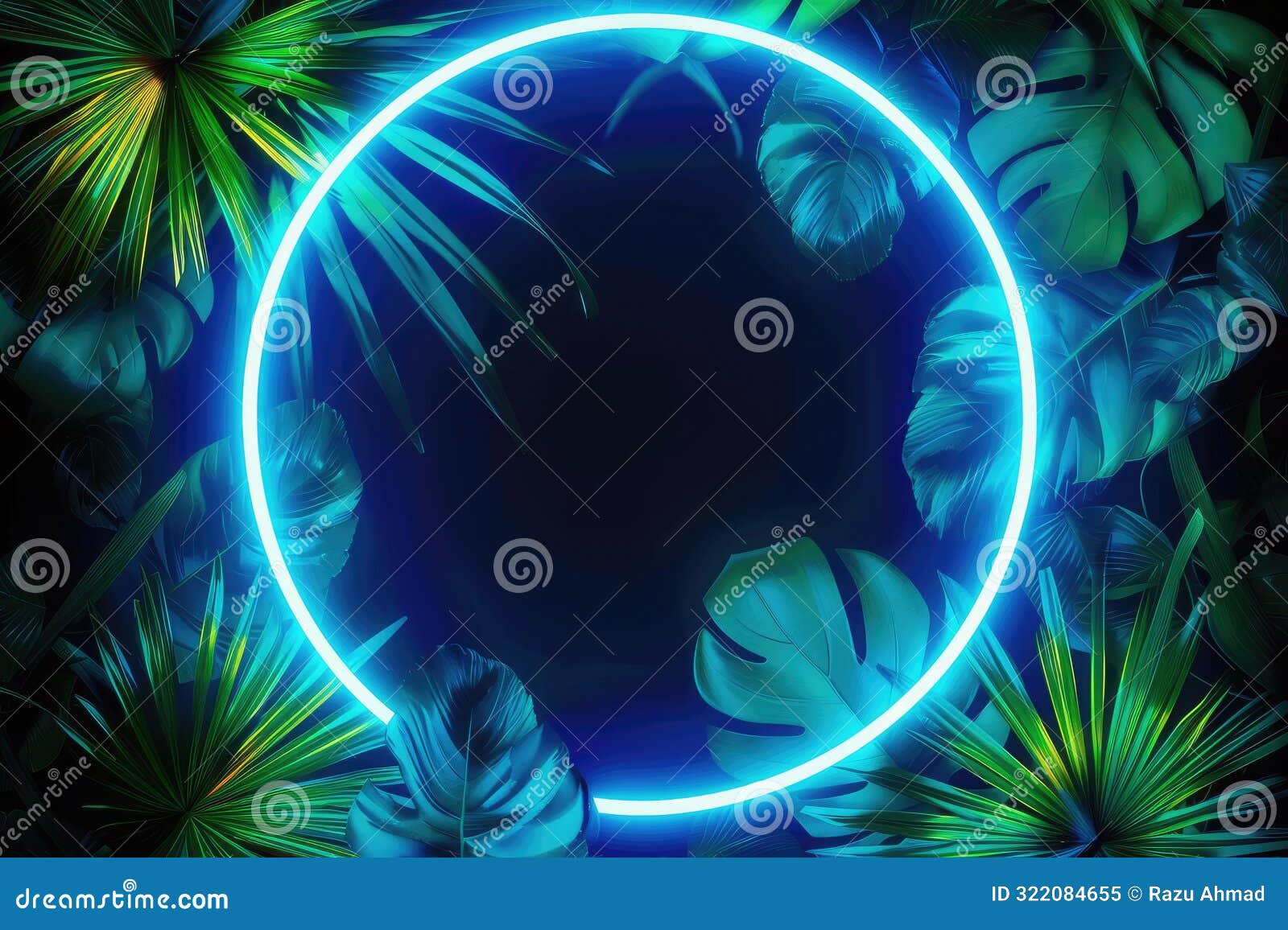 Neon Blue Circle Frame with Tropical Leaves and Plants on a Natural ...