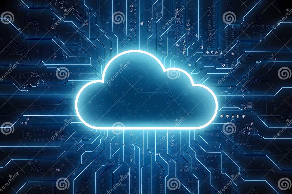 Neon Blue Cloud with Circuitry, Symbolizing Cloud Computing ...