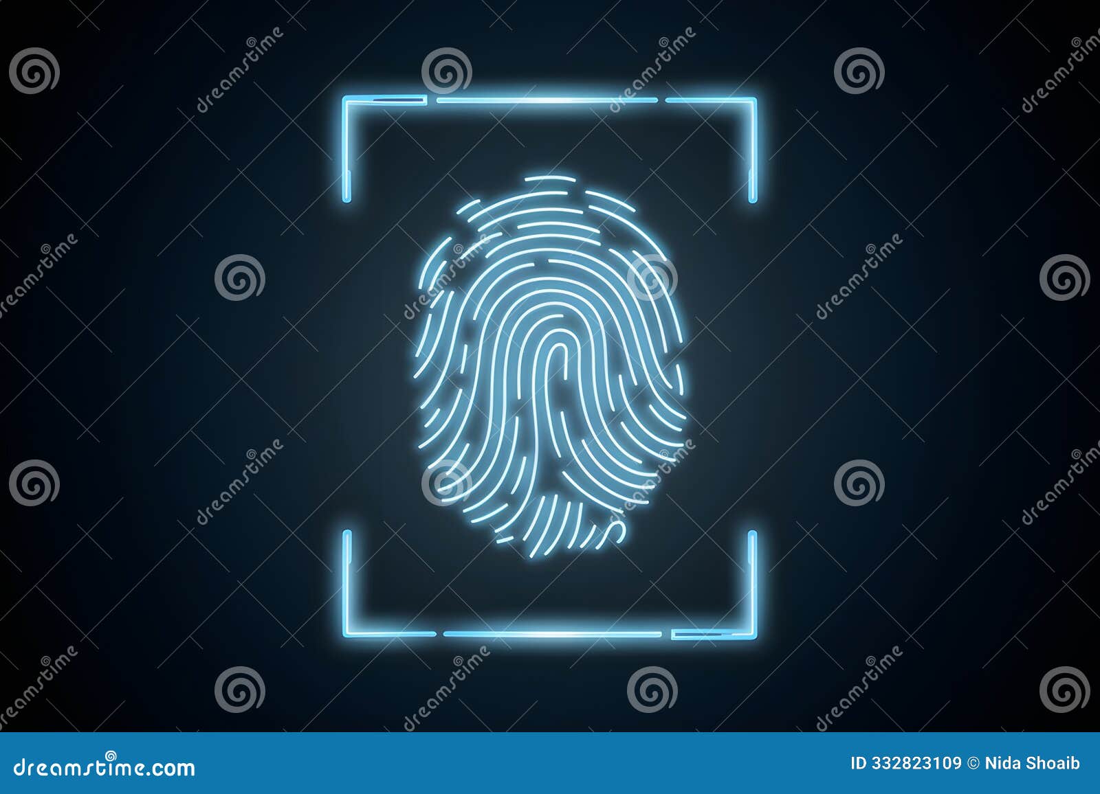 Neon Blue Fingerprint Scan Loading on Dark Background with Rectangular ...