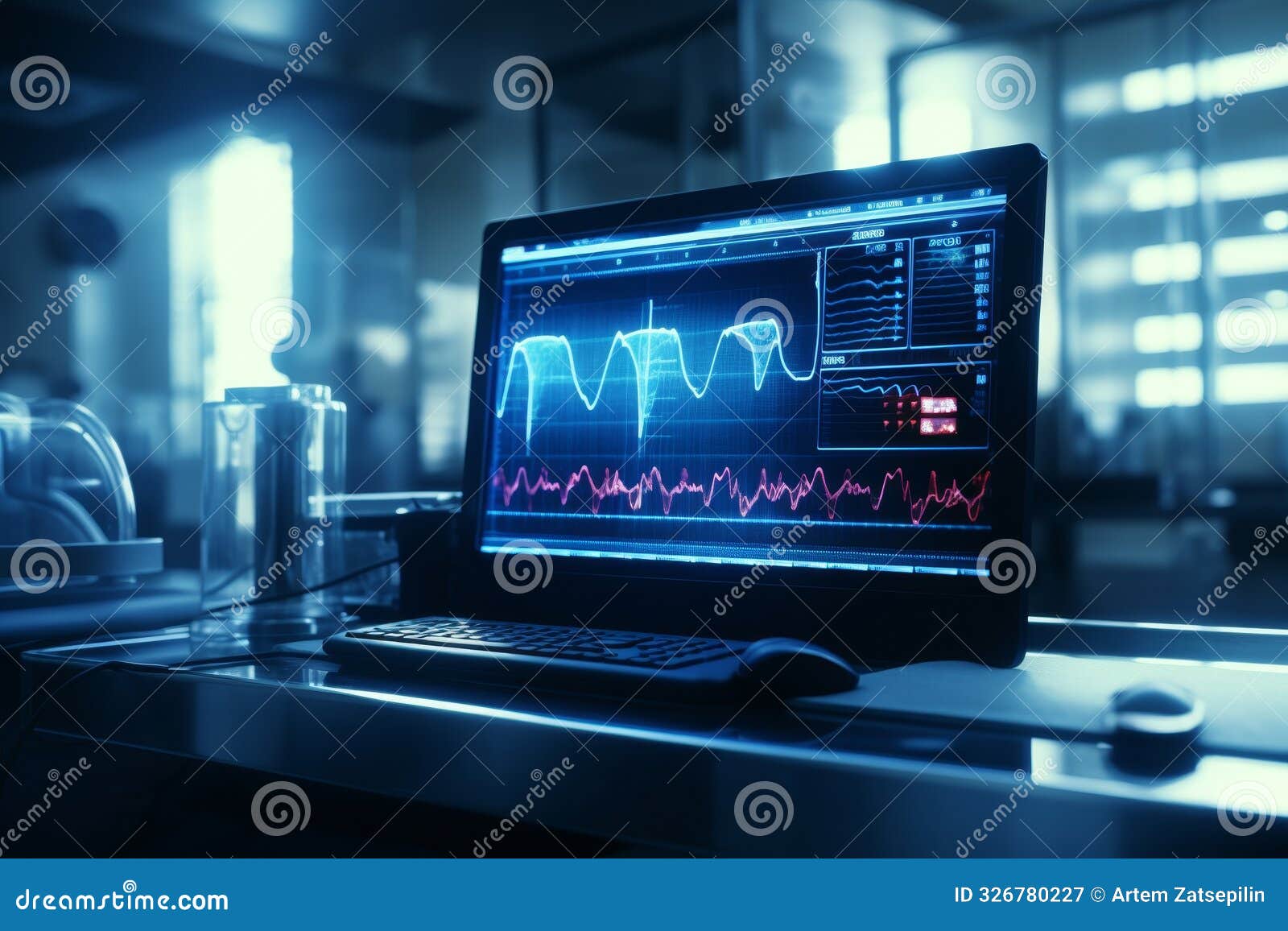 Neon Blue Glowing Line on Lab Monitor, Waveform Display in Scientific ...