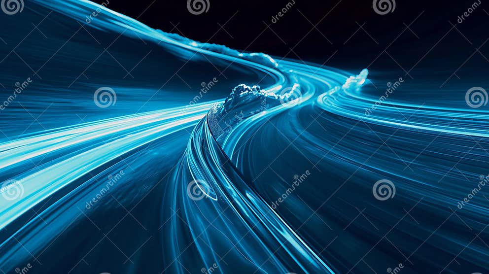 Neon Blue Light Trails on a Curved Path Stock Image - Image of ...