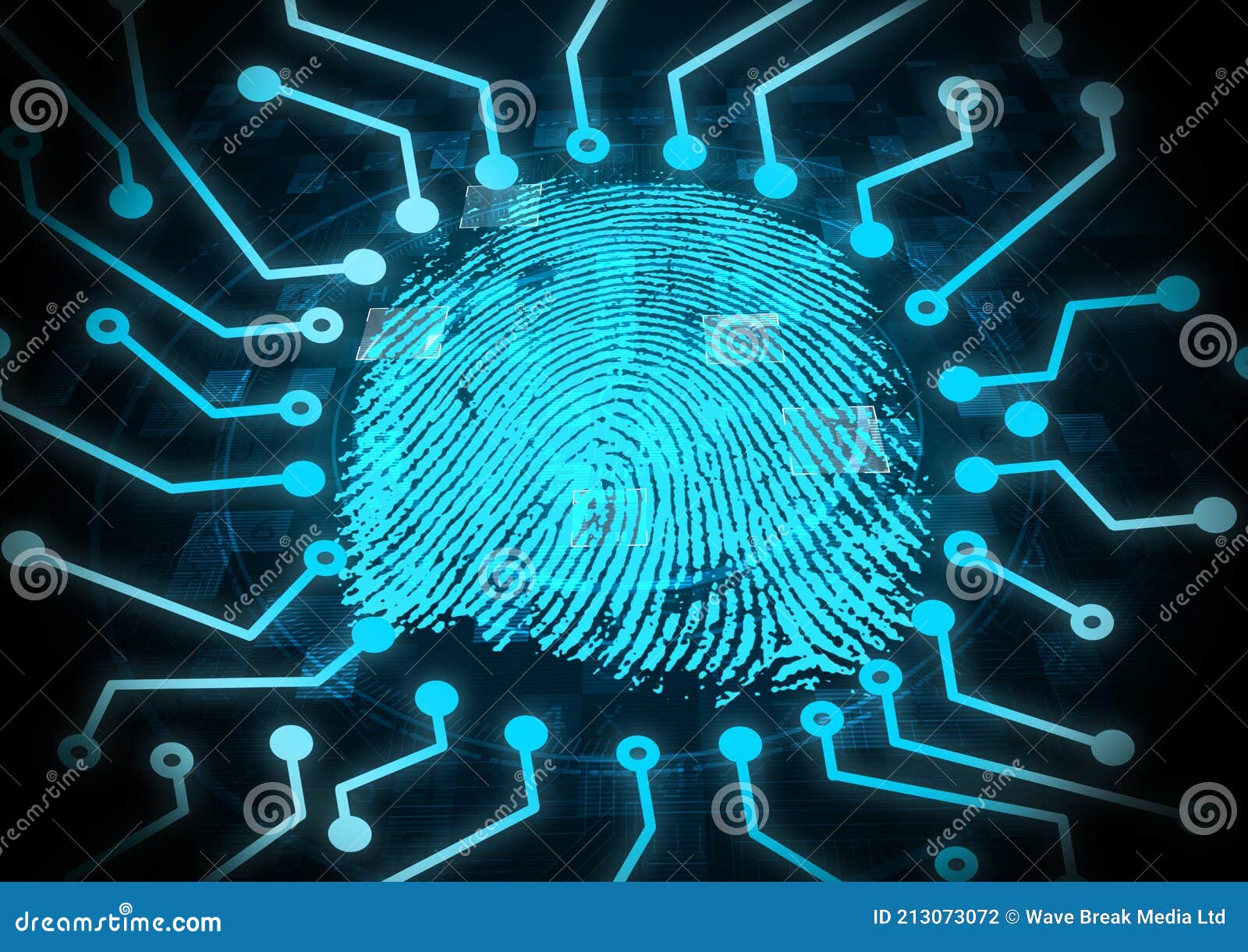Neon Blue Microprocessor Connections Over Biometric Fingerprint Scanner ...