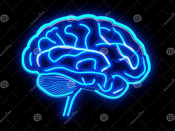 Neon Blue Outline of a Human Brain Emphasizing Neural Pathways ...