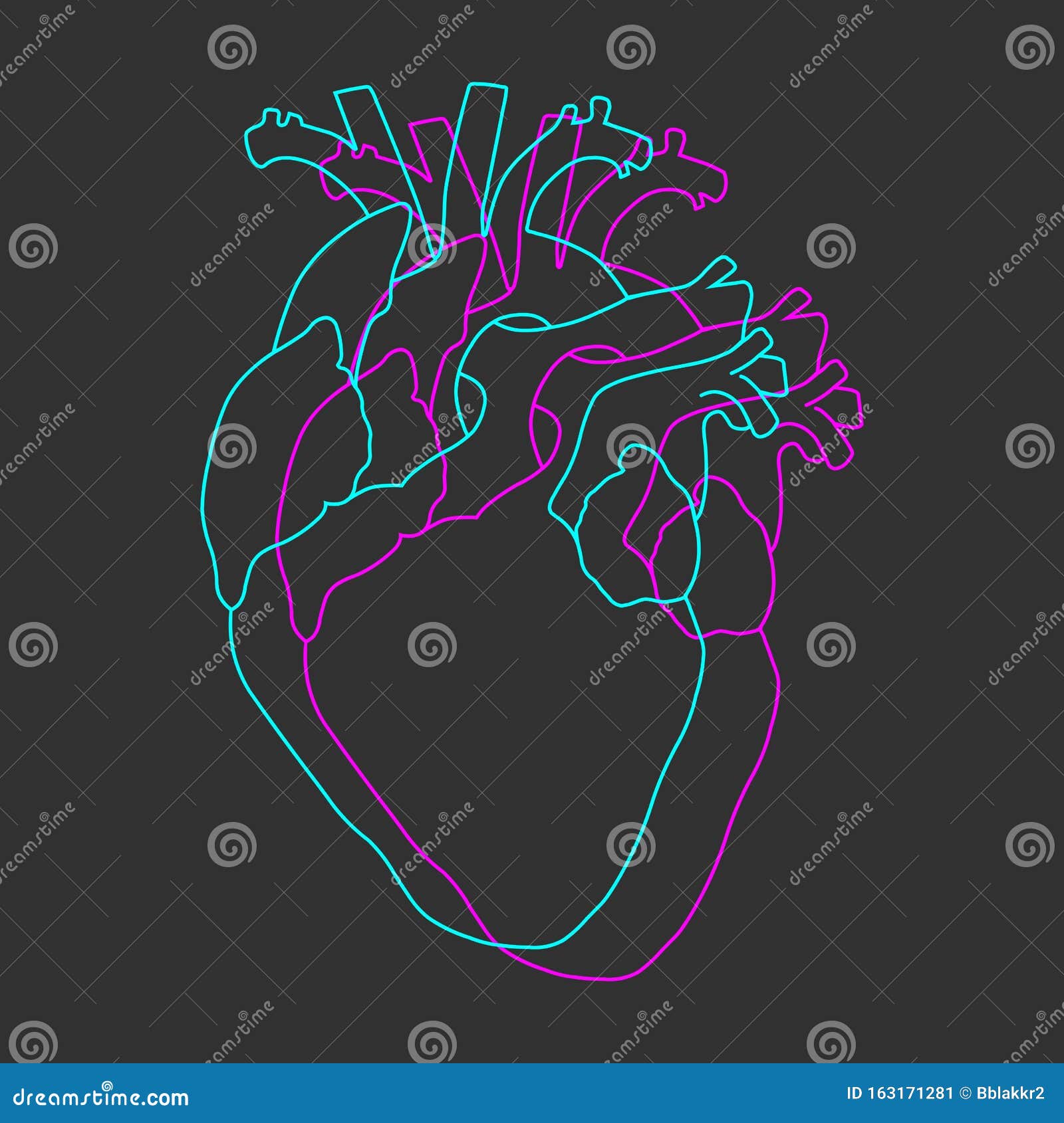 Neon Blue and Purple Synthwave Human Heart Line on Dark Grey Background ...