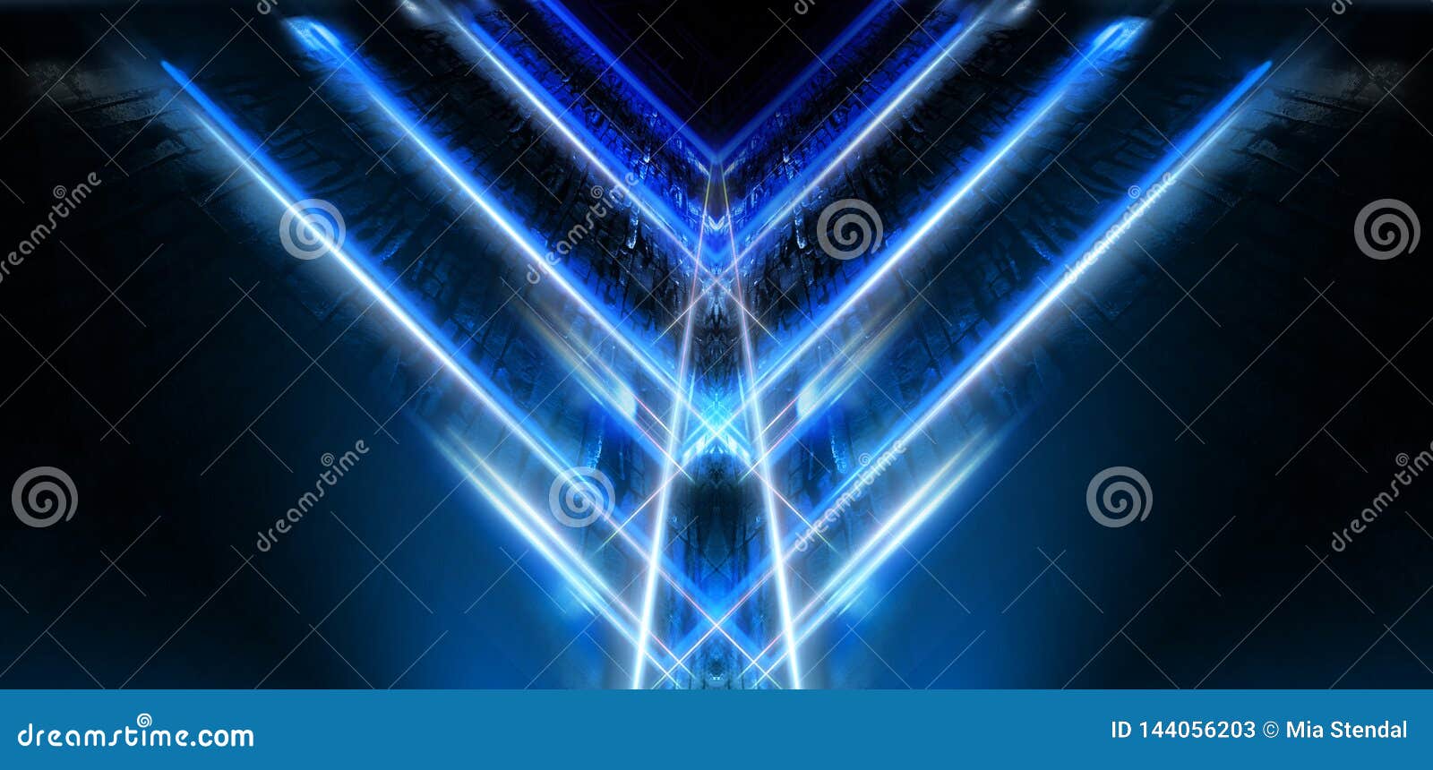 Neon Blue Rays. Dark Tunnel with Neon Blue Light, Abstract Pyramid ...