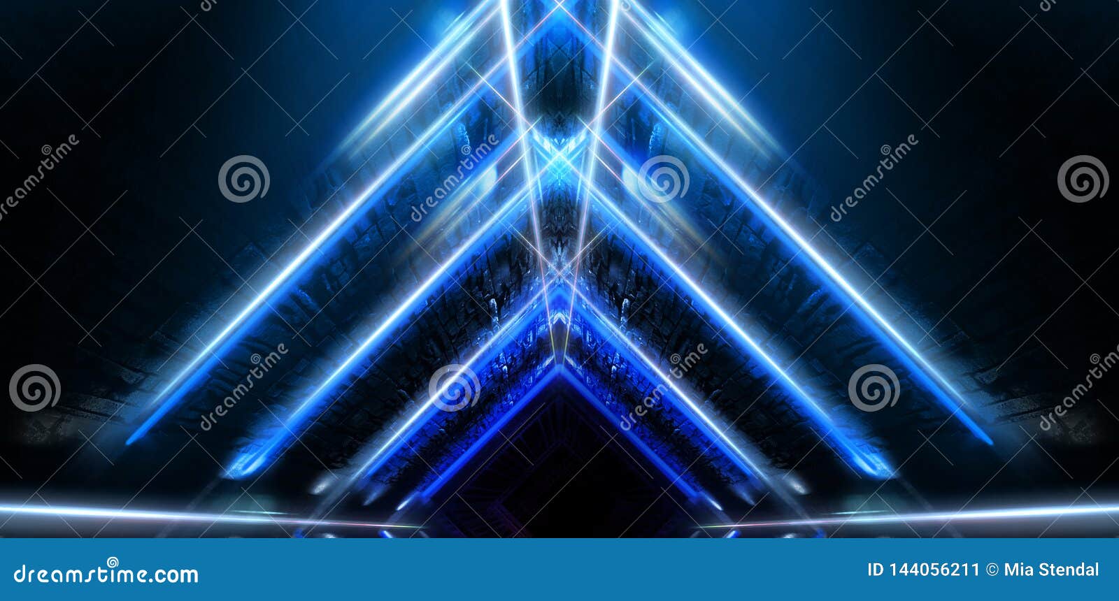 Neon Blue Rays. Dark Tunnel with Neon Blue Light, Abstract Pyramid ...
