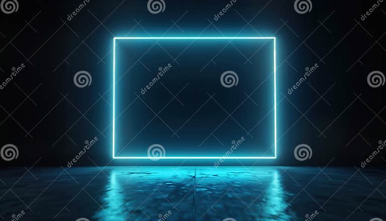 Neon Blue Rectangle Frame Glows on Dark Background. Futuristic Retro ...