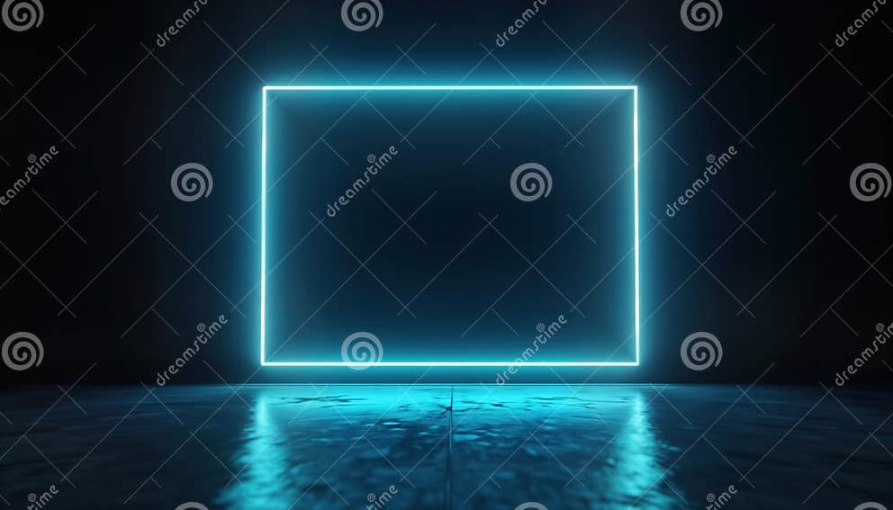 Neon Blue Rectangle Frame Glows on Dark Background. Futuristic Retro ...
