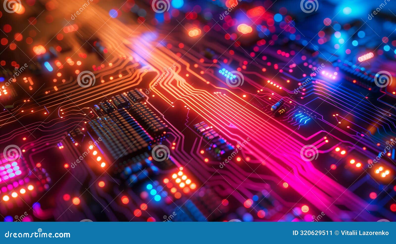 Neon Blue Red Circuit Board Background, Close Up. Background on Theme ...