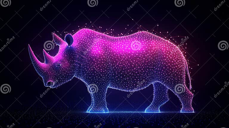 A Neon-blue Rhino, Designed with a Wireframe, Strides Forward in the ...