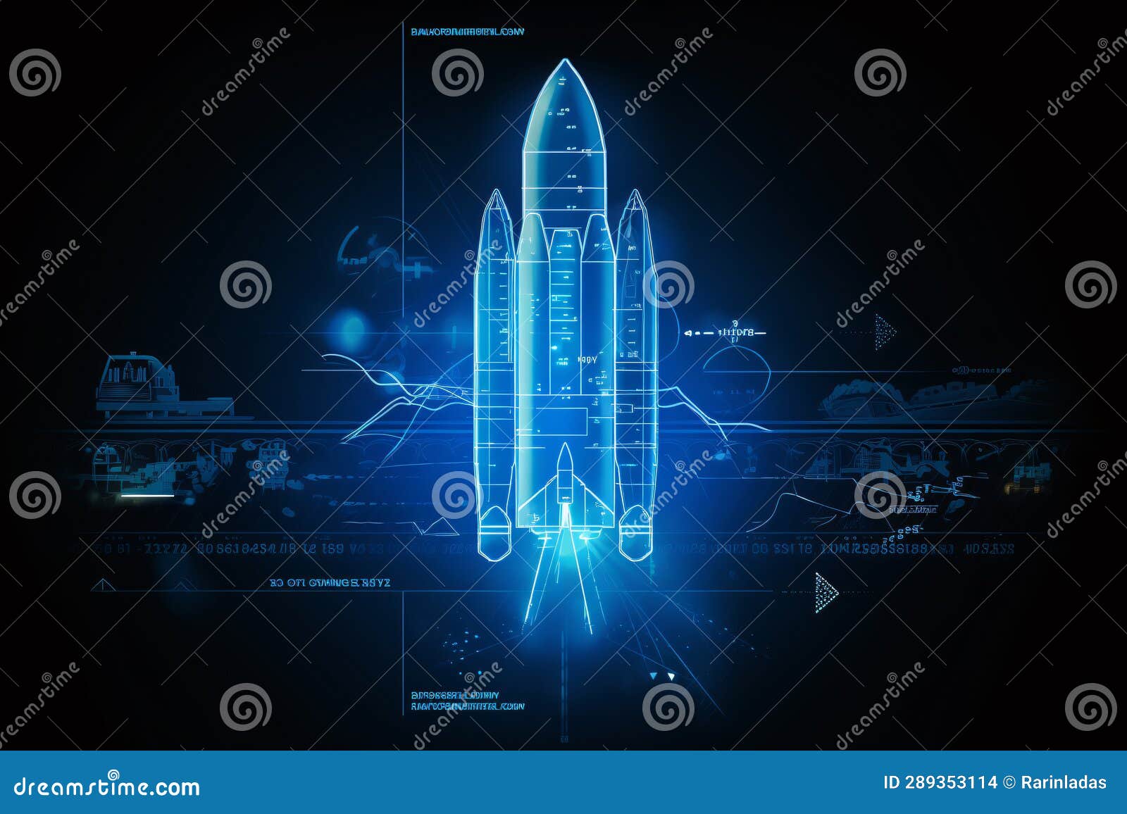 Neon Blue Rocket Blueprint Against Technology Background Stock ...