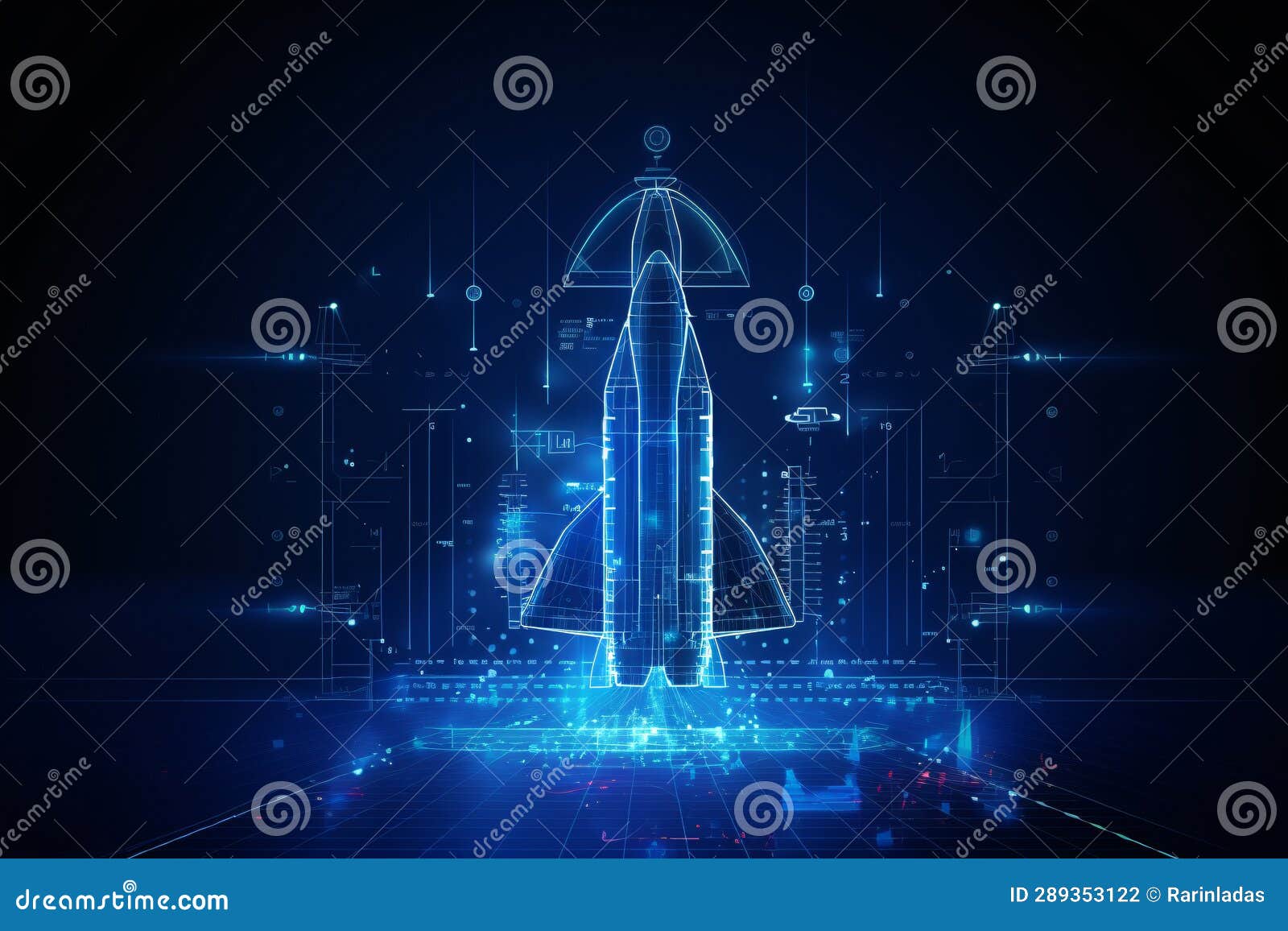 Neon Blue Rocket Blueprint Against Technology Background Stock ...