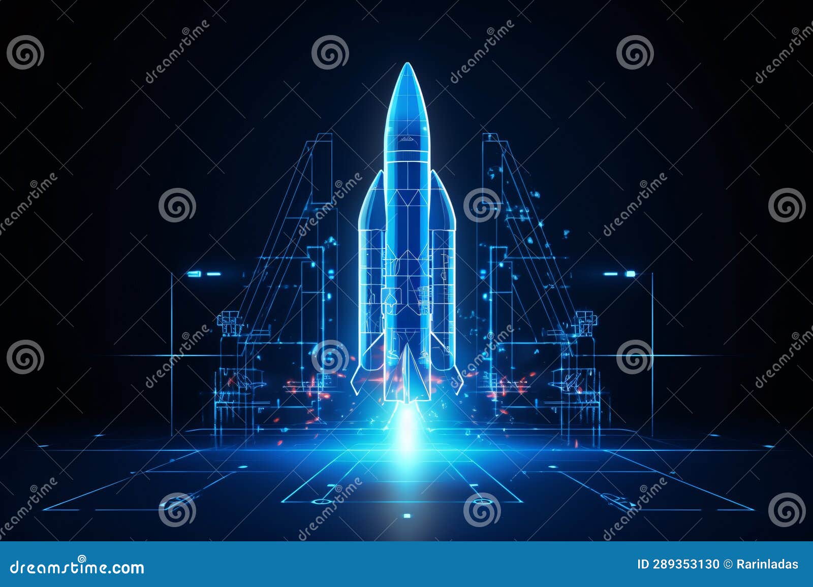 Neon Blue Rocket Blueprint Against Technology Background Stock ...
