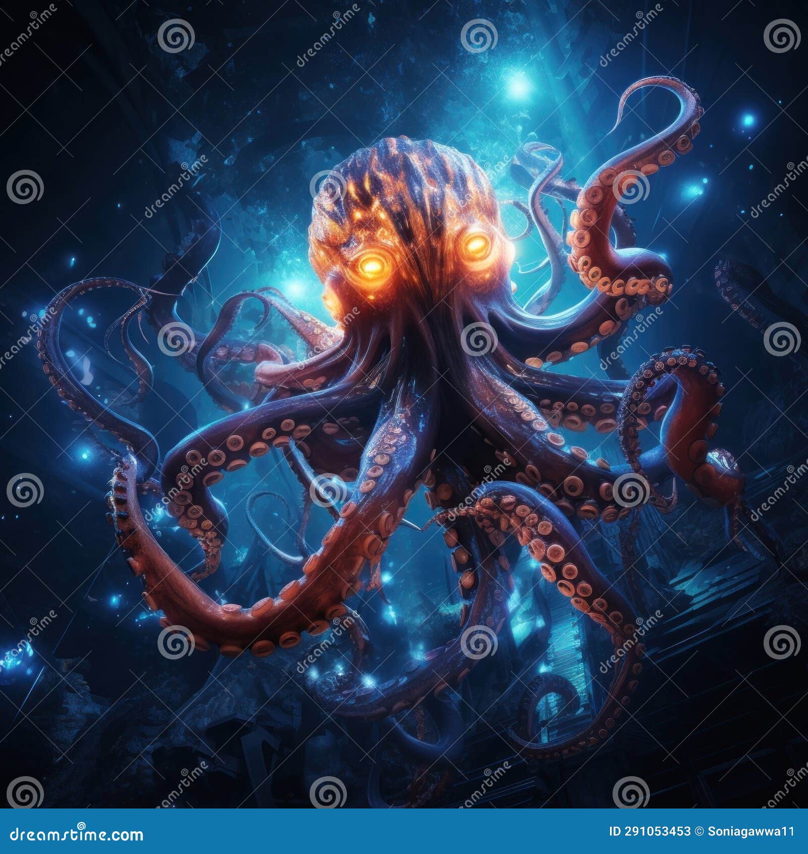 A Neon Blue Space Octopus with Glowing Tentacles Gracefully Swimming ...