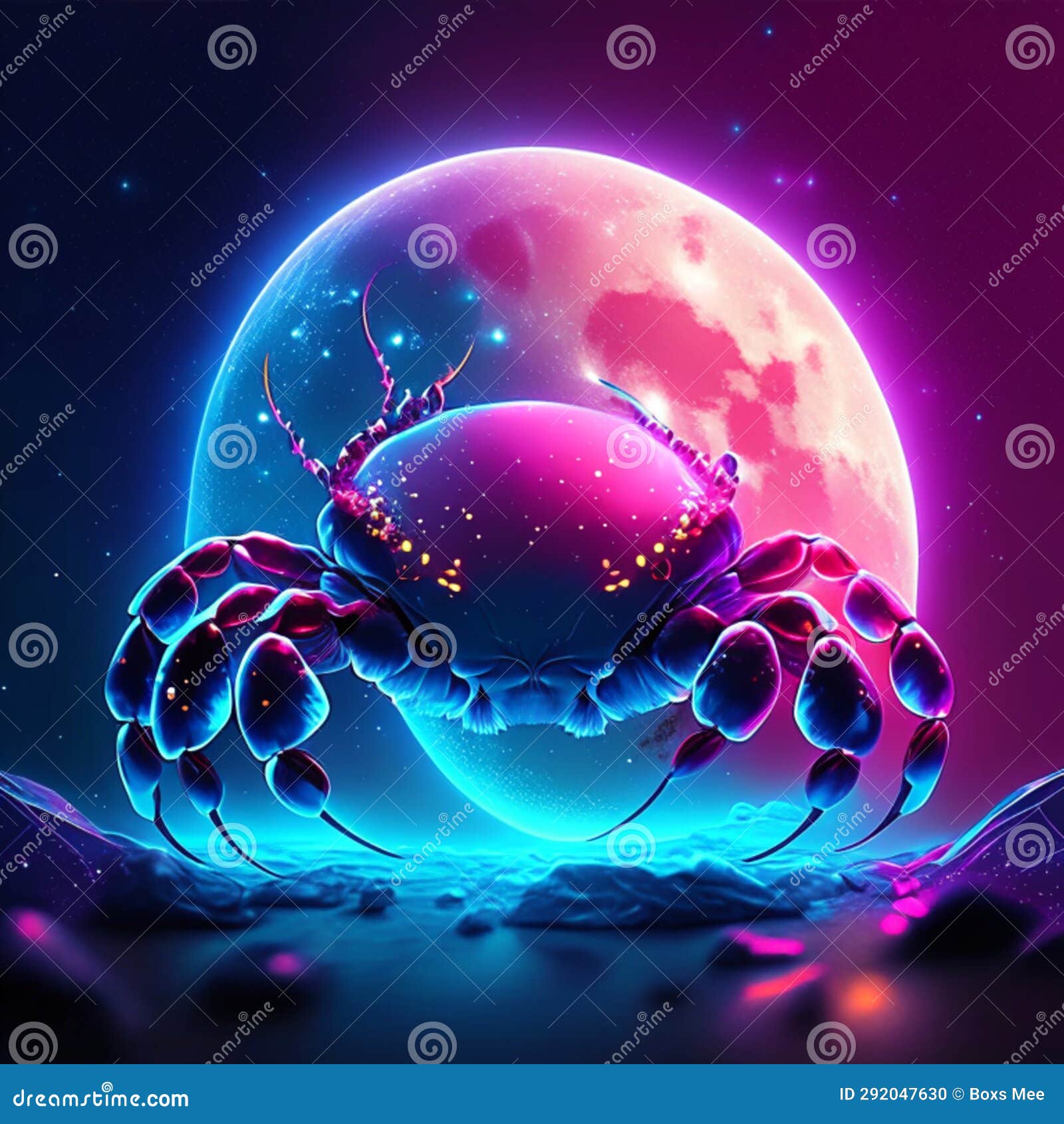 Neon Blue Spider on the Background of the Planet. Vector Illustration ...