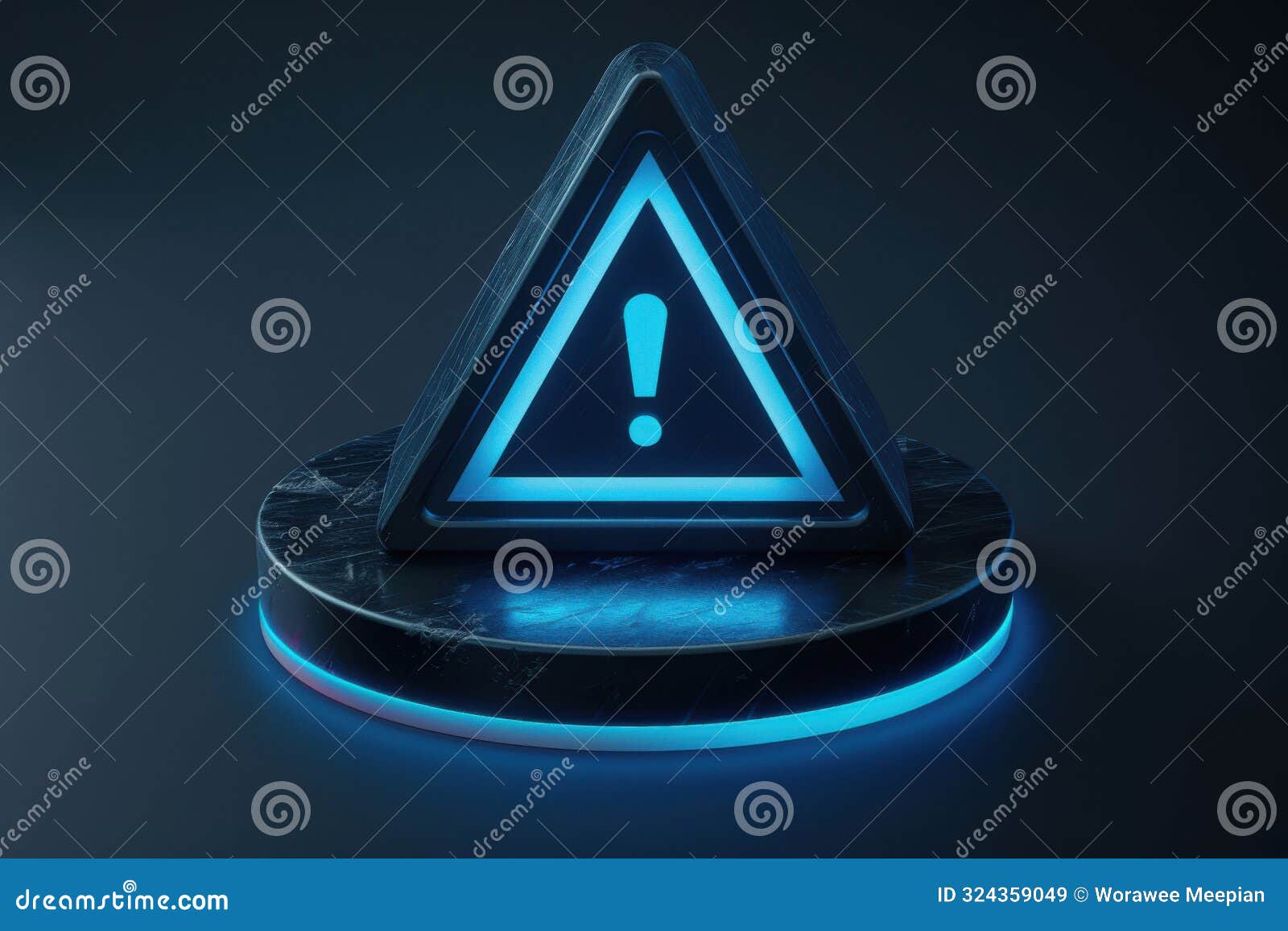A Neon Blue Triangle with an Exclamation Point on it Stock Image ...