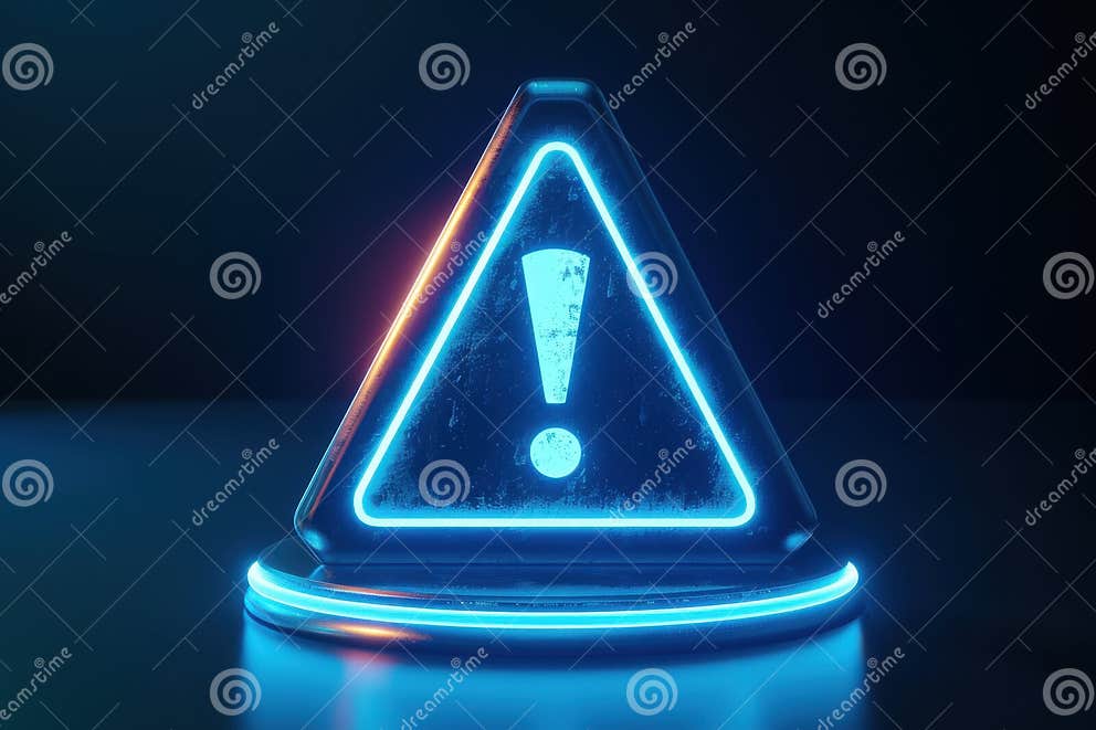 A Neon Blue Triangle with an Exclamation Point on it Stock Image ...