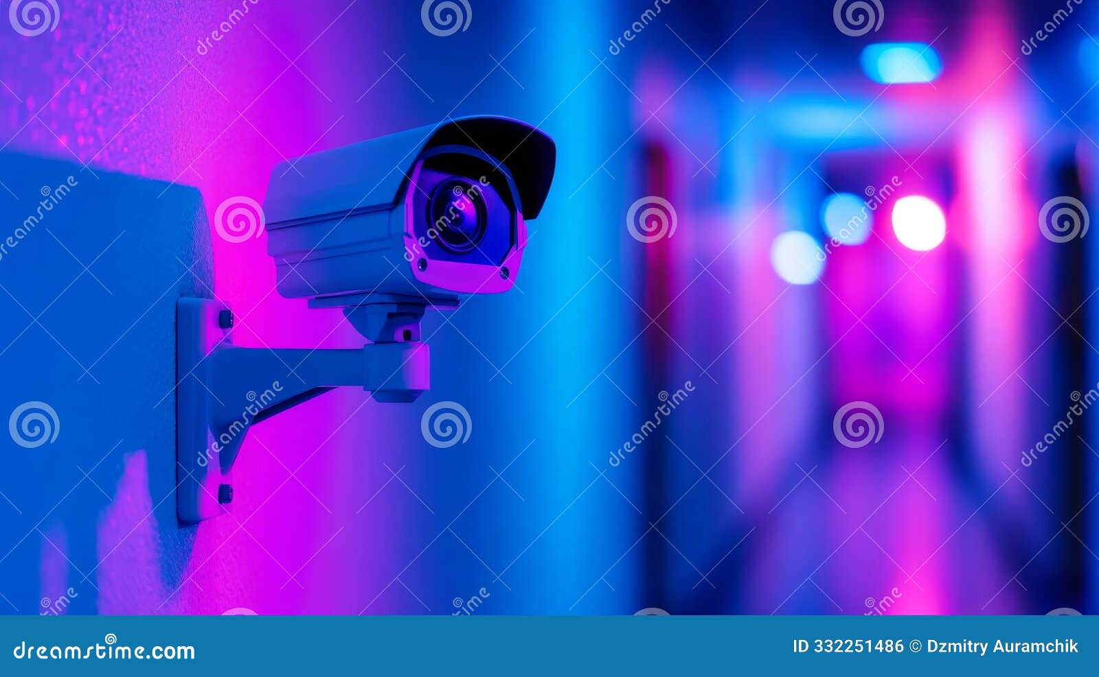 A Neon Blurry Background is Seen on the CCTV Security Camera in the ...