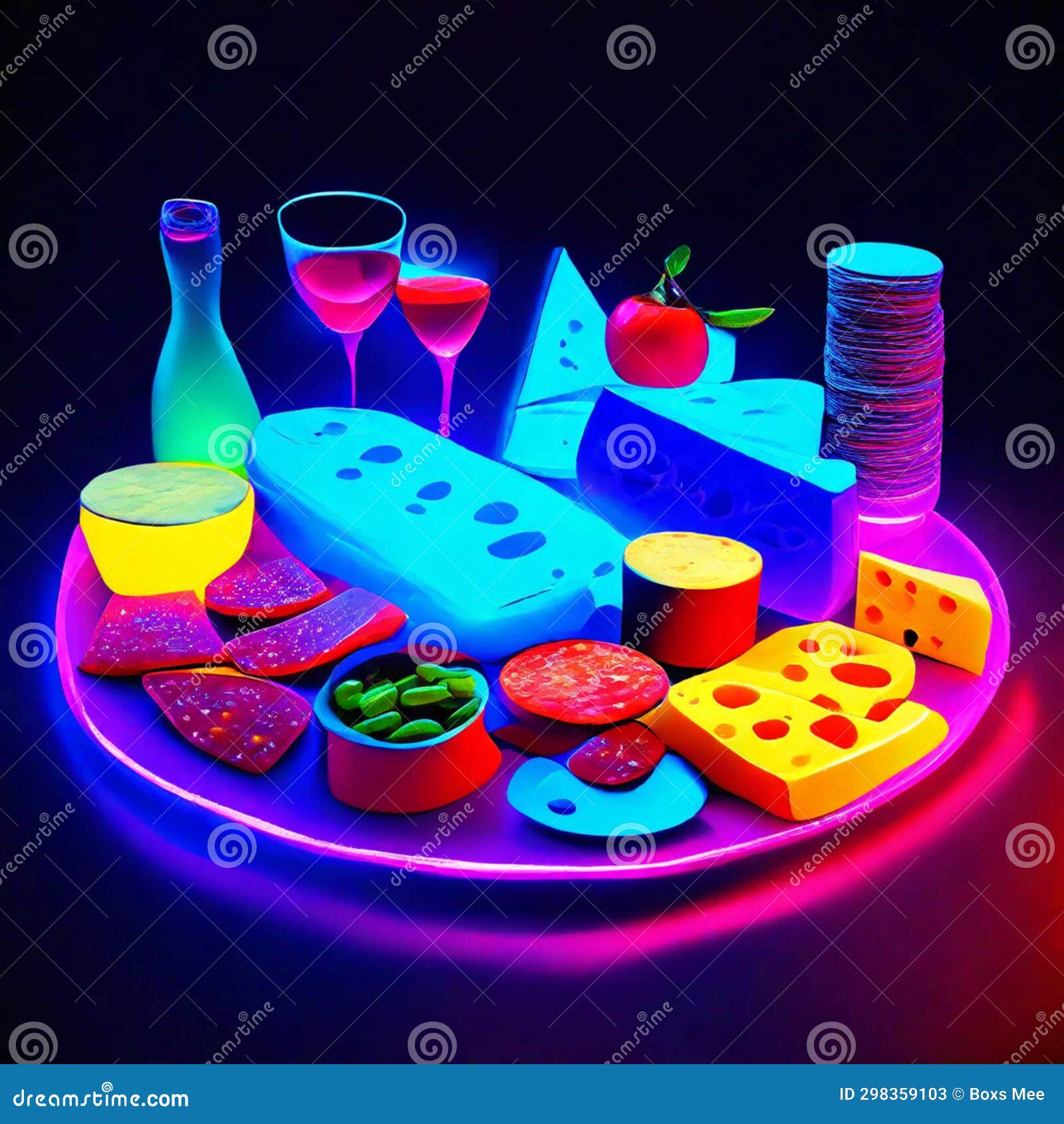Neon Board with Different Types of Cheeses. 3d Illustration Generative ...