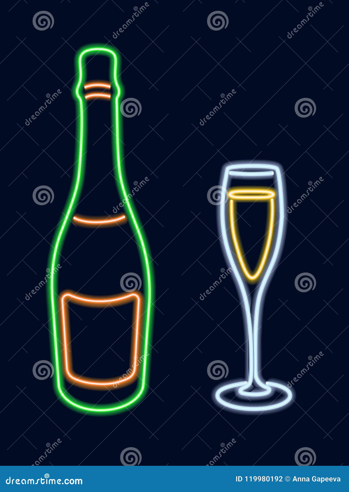 Neon bottle and a glass stock vector. Illustration of liquor - 119980192