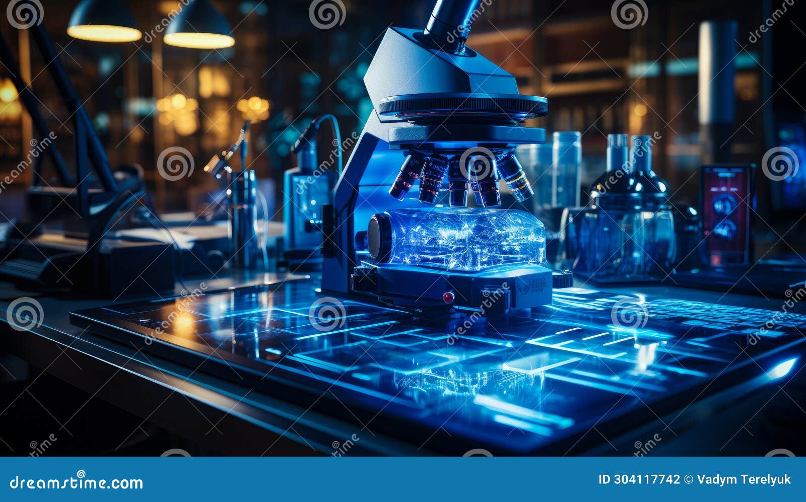 A Neon Box Lies Under the Binocular of Modern Microscope. New ...