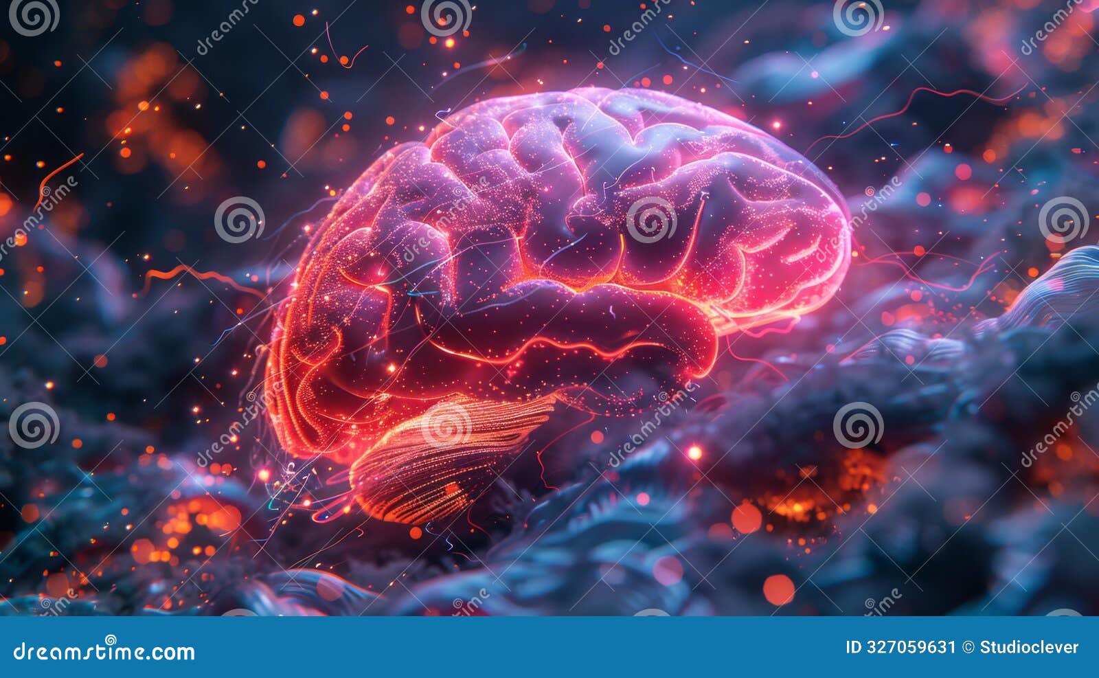 Neon Brain with Electrical Activity - Generative Ai Stock Illustration ...