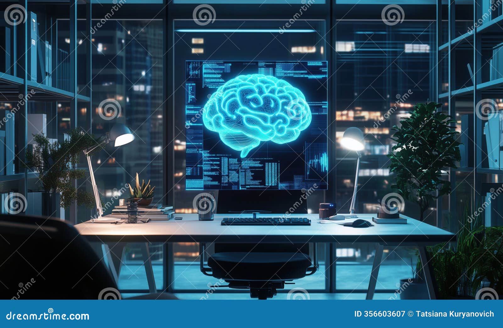 Neon Brain Visualization in Modern Office, Digital Data Analysis, Urban ...