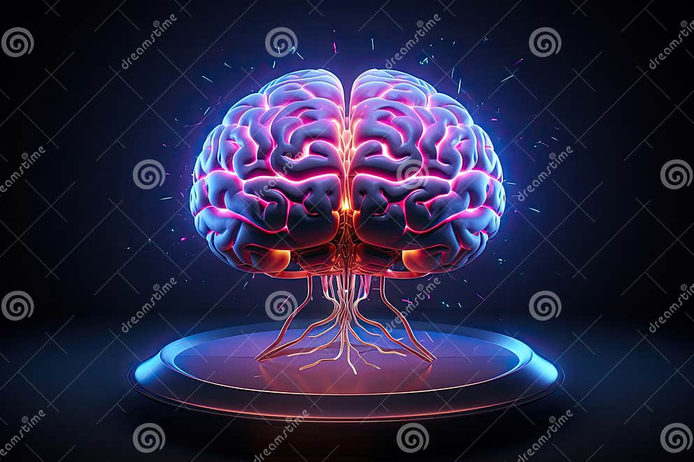 Neon Brains on a Virtual Pedestal, 3D Realistic Human Brains Surrounded ...