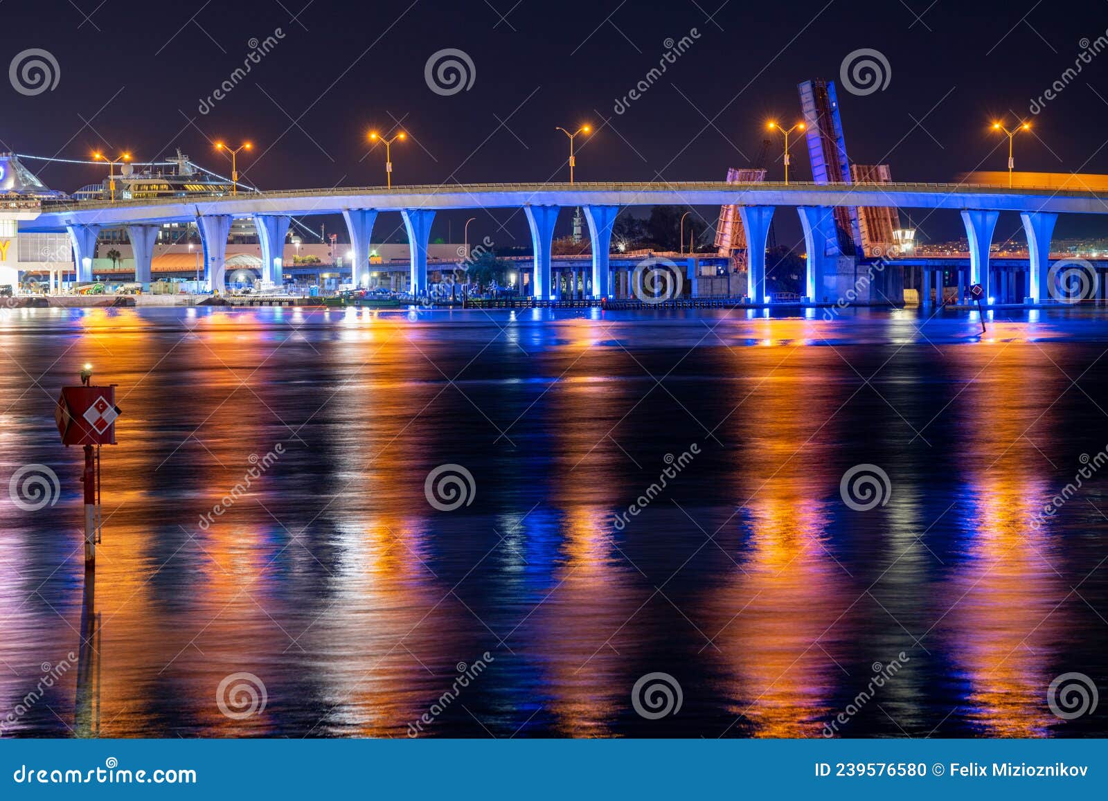 Neon bridge Miami at night stock photo. Image of lights - 239576580