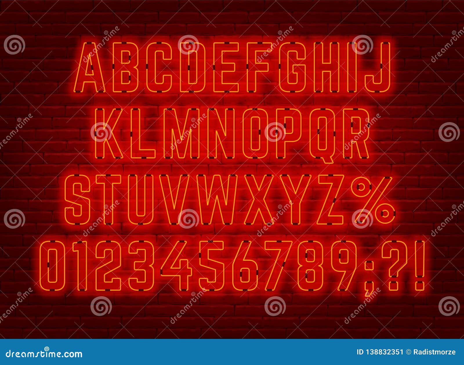 Neon Bright Red Font with Numbers and Punctuation Marks. Stock Vector ...