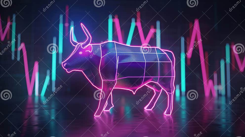 Glowing Neon Bull Symbolizing Bullish Market Trend with Financial ...