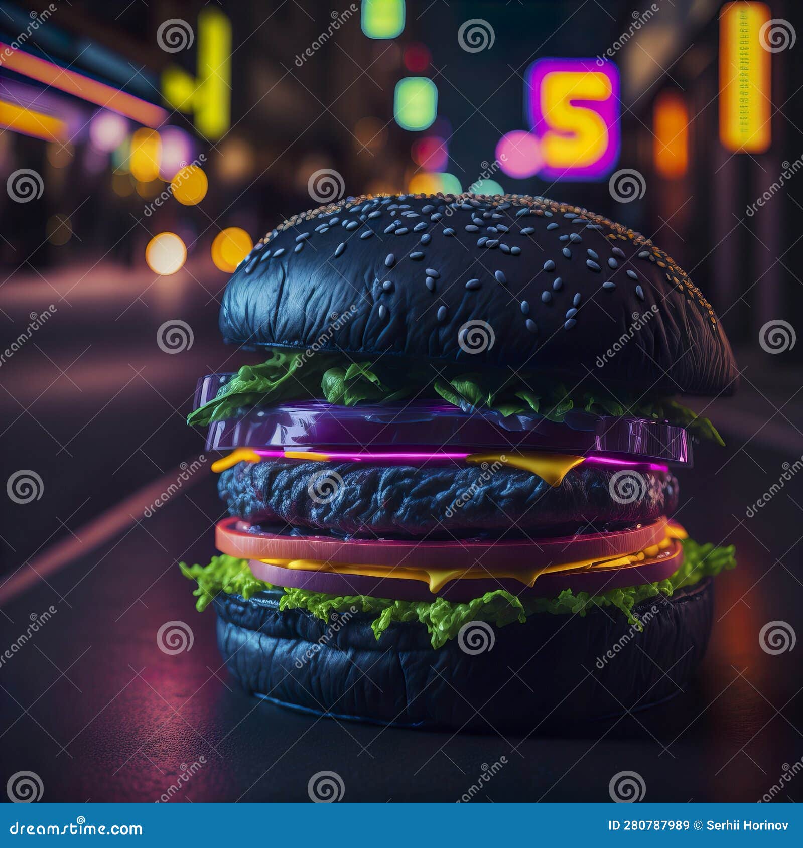 Neon Burger Close Up on Road, Night Neon City, AI Generated Stock ...