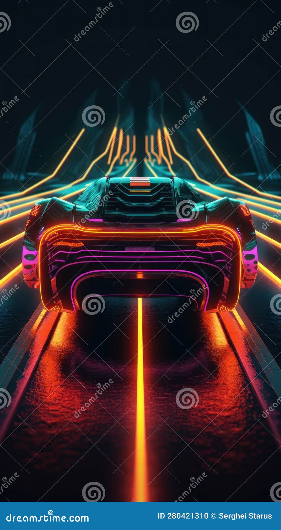 A Neon Car Driving Down a Road at Night. Generative AI Image. Stock ...