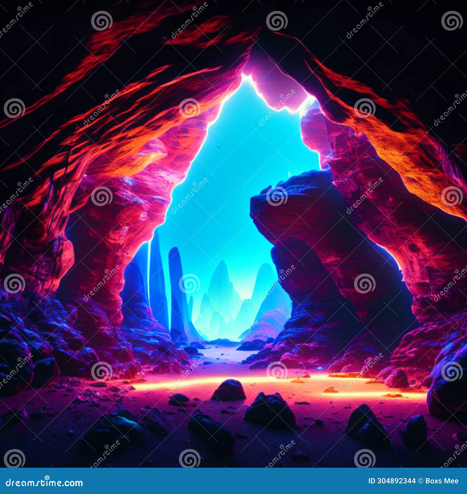 Neon Cave with Blue Light. 3d Rendering, 3d Illustration Stock ...