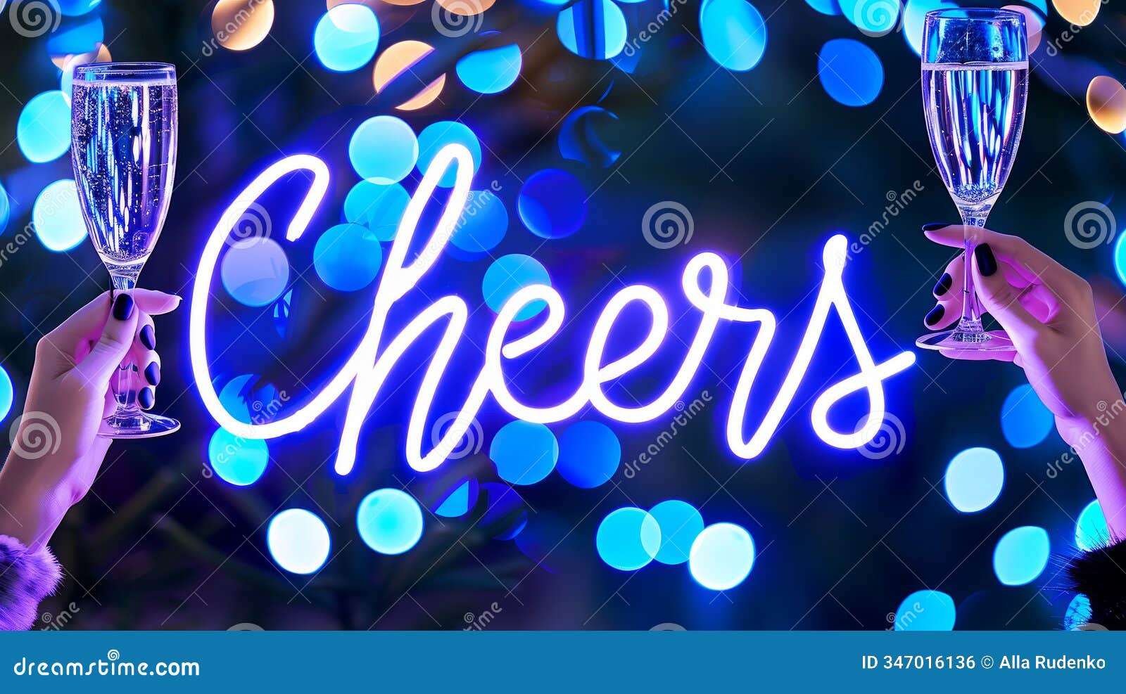 Neon Cheers Text with Two Glasses of Sparkling Wine, Night Celebration ...