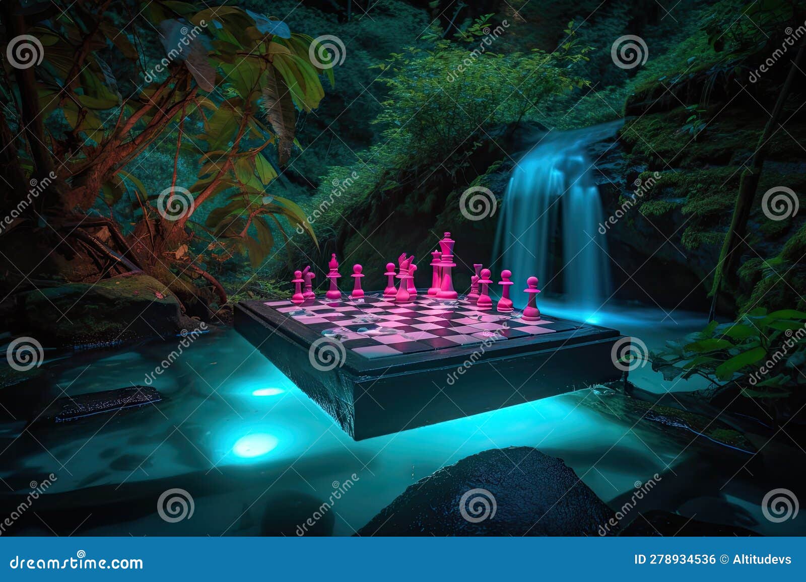 Neon Chess Board in a Serene Setting, with Babbling Brook and Waterfall ...