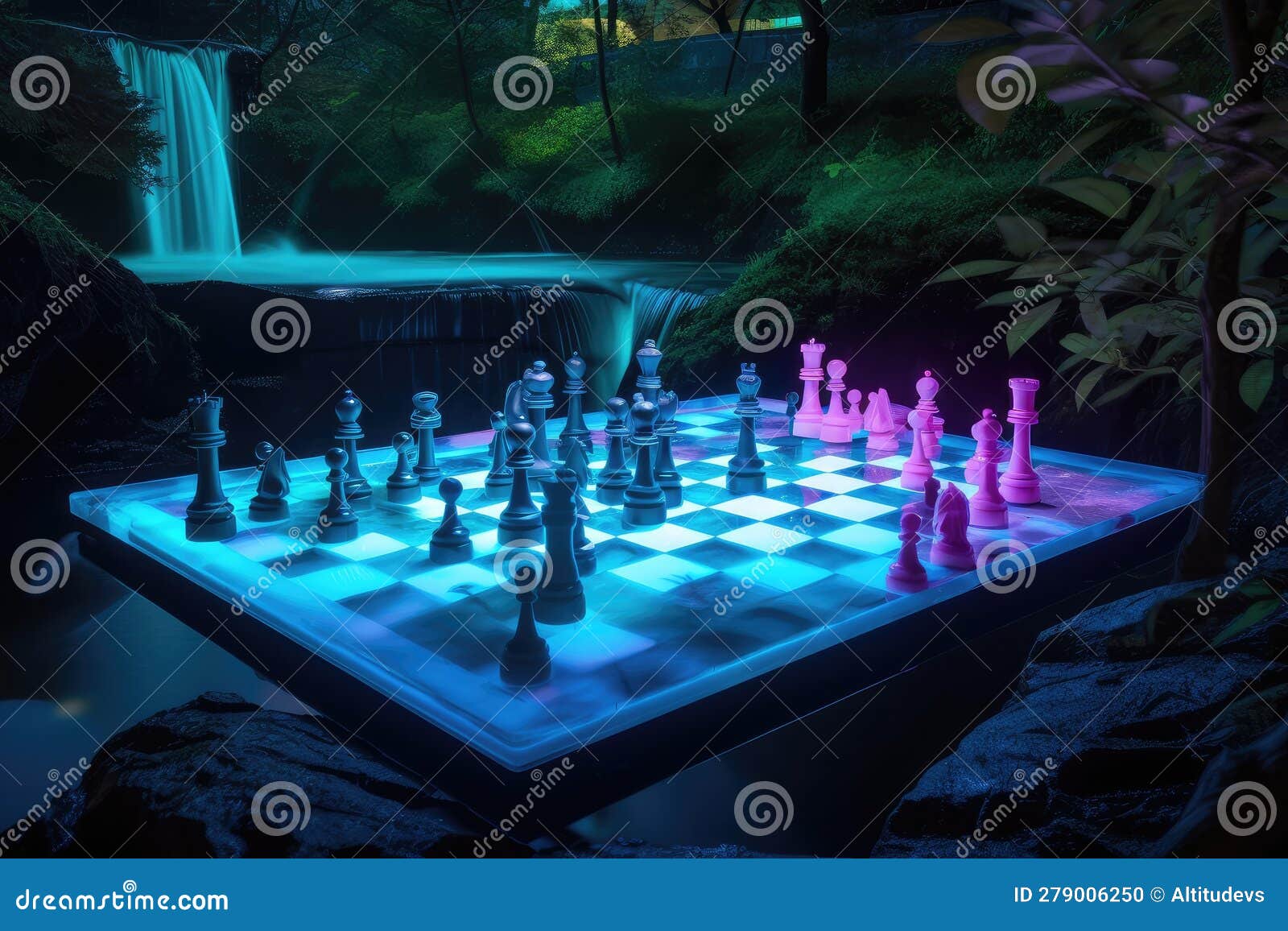 Neon Chess Board in a Serene Setting, with Babbling Brook and Waterfall ...