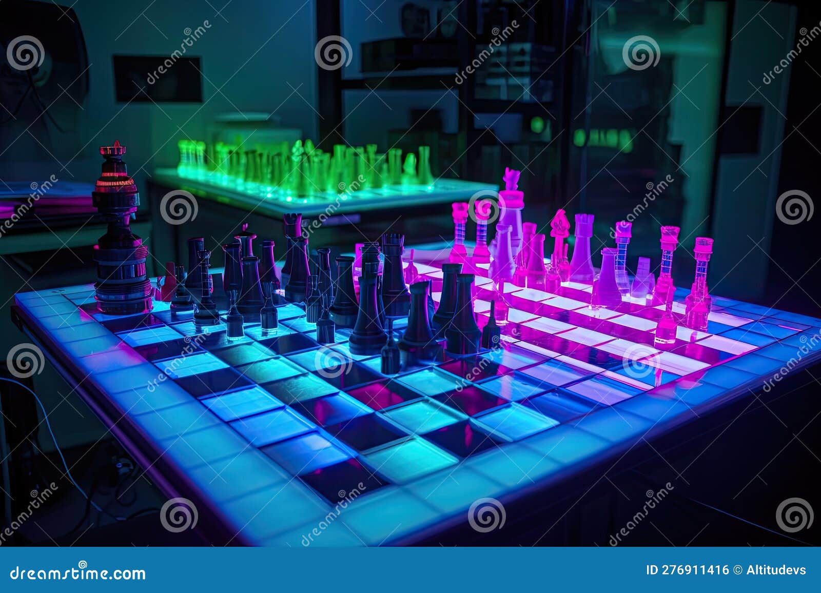Neon Chess Game Being Played in High-tech Laboratory Stock Illustration ...