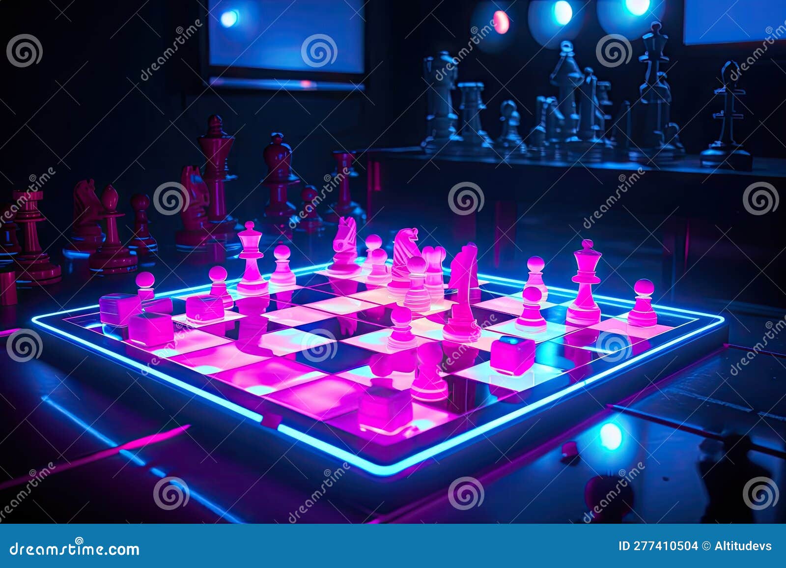 Neon Chess Game with Glowing Pieces in Futuristic Setting Stock ...