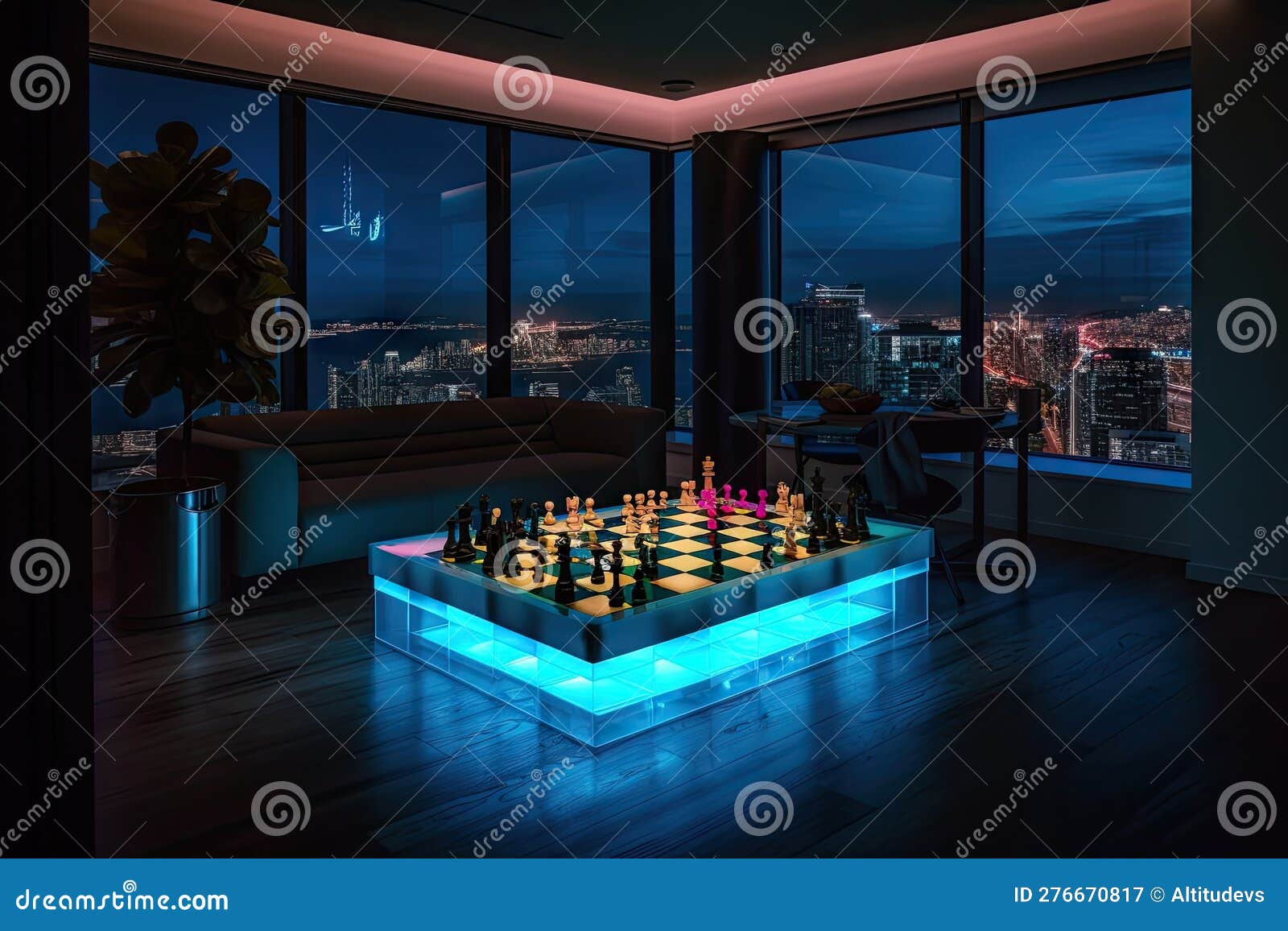 Neon Chess Game in High-tech Luxury Penthouse Apartment Stock ...